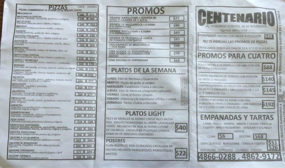 Carta del restaurante Centenario, Buenos Aires, 24 del Noviembre 10