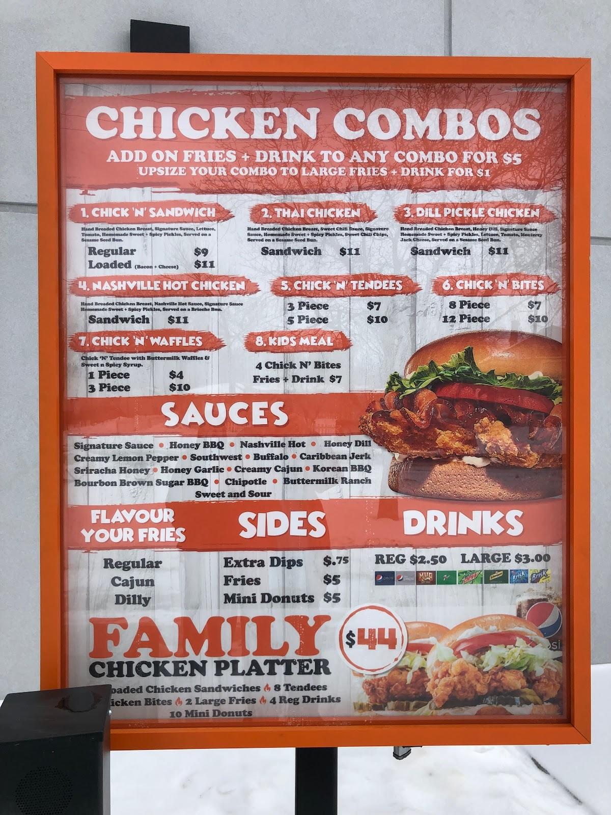 Menu at Chick 'N' Tendees restaurant, Regina