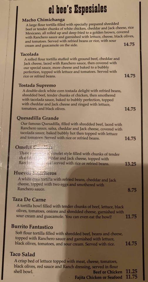 Menu at El Bee's restaurant, Waterloo, N 240th St