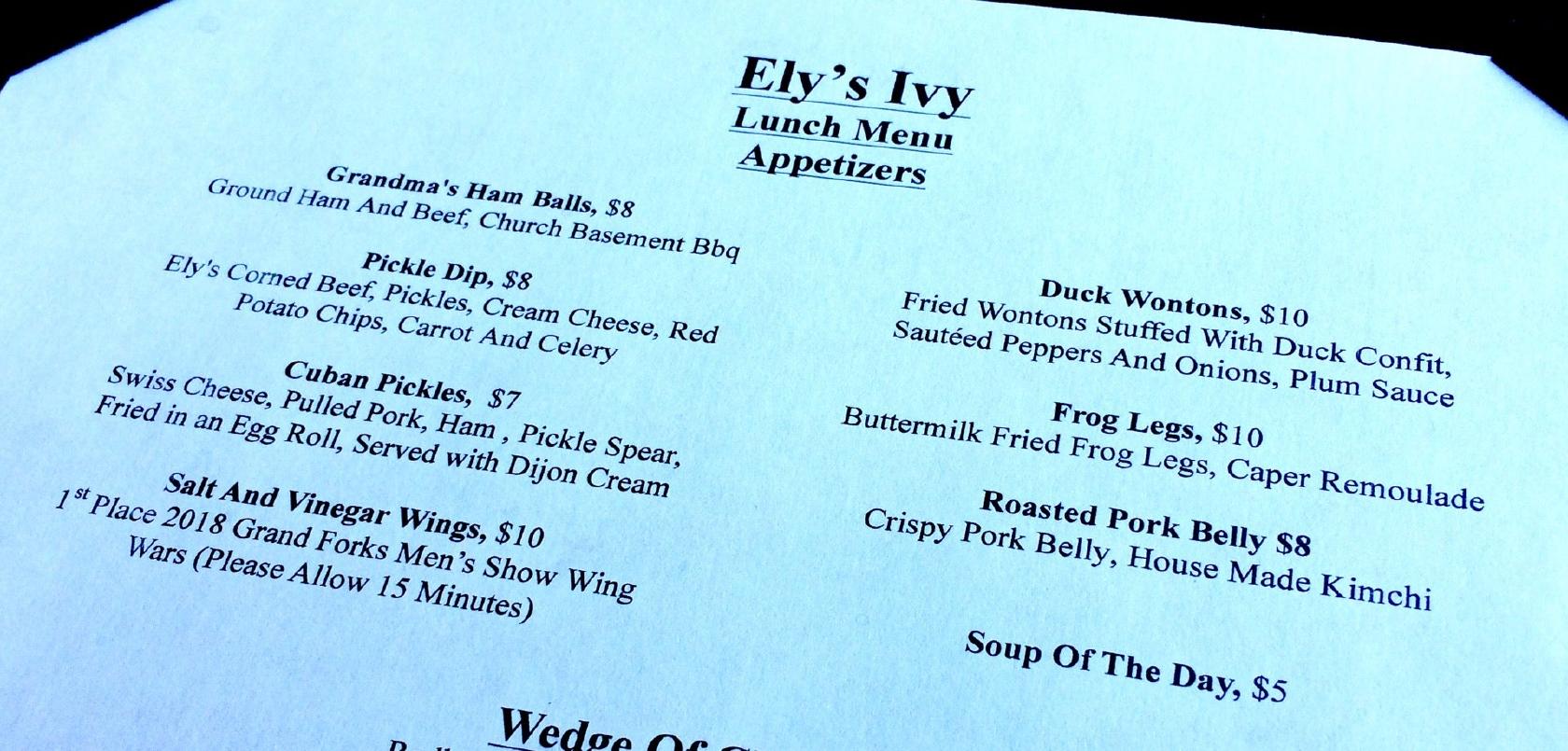 Menu at Ely's Ivy pub & bar, Grand Forks