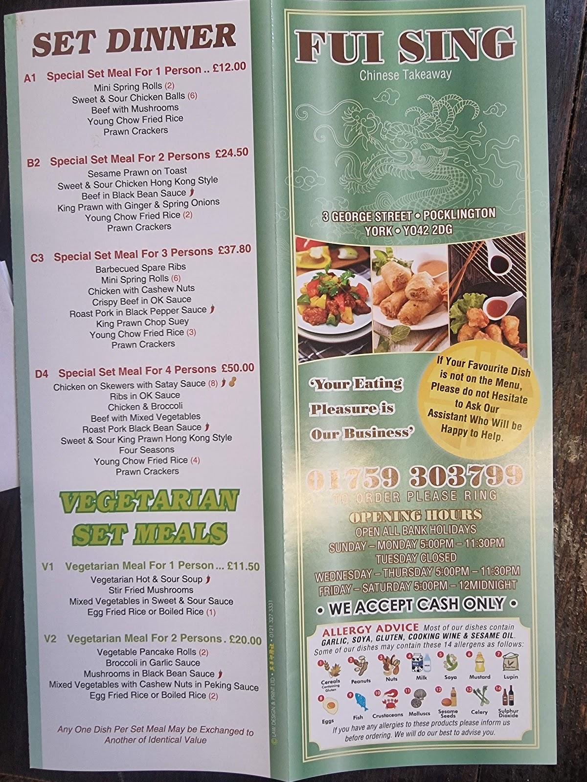 Menu at Fui Sing Chinese Take Away fast food, Pocklington