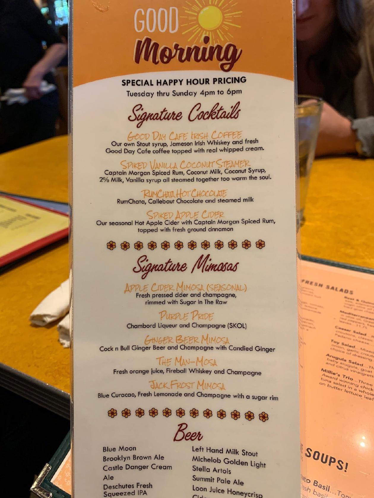 Carta de Good Day Cafe, Golden Valley
