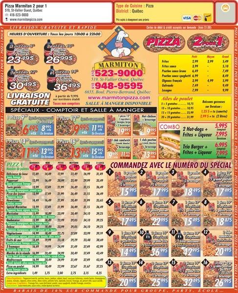 Menu au Marmiton Pizza 2 pour 1 pizzeria, Québec, Pierre-Bertrand Blvd