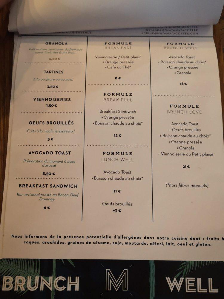 Menu at Matamata Coffee pub & bar, Paris, 58 Rue d'Argout
