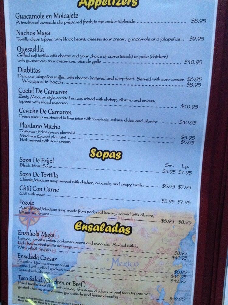 Menu at Maya Cafe, Fishkill