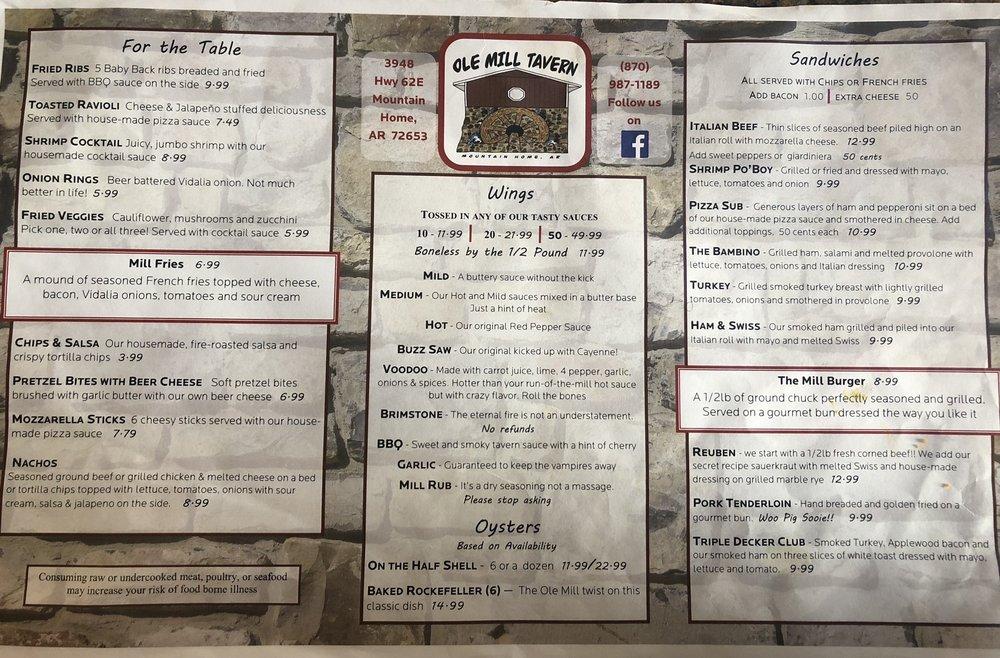 Menu at Ole Mill Tavern pub & bar, Mountain Home, US-62