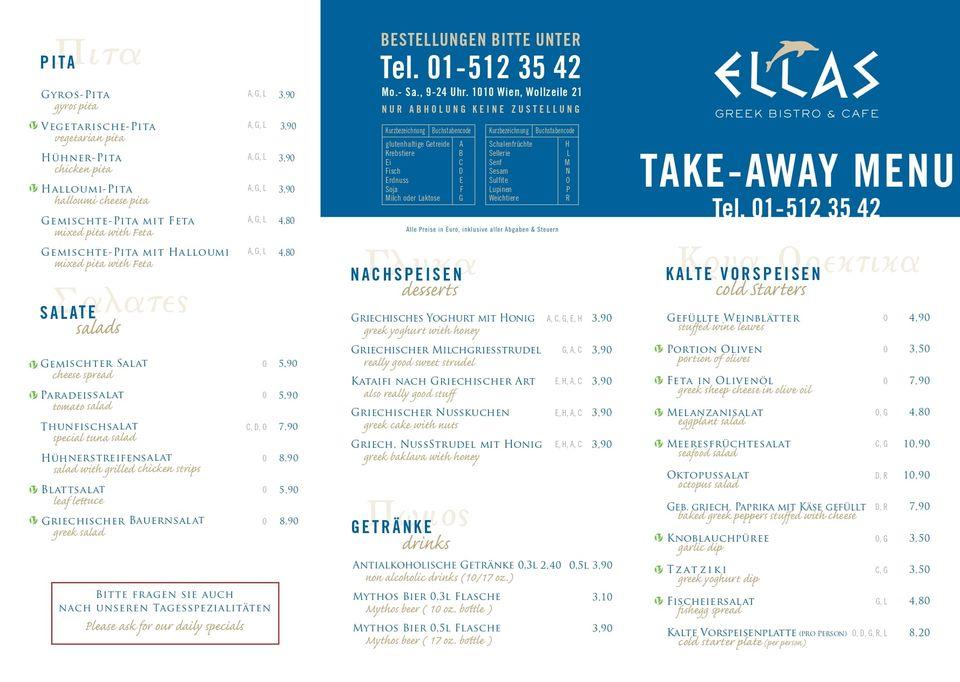 Speisekarte von Ouzeri Bistro Ellas restaurant, Wien, Wollzeile 21