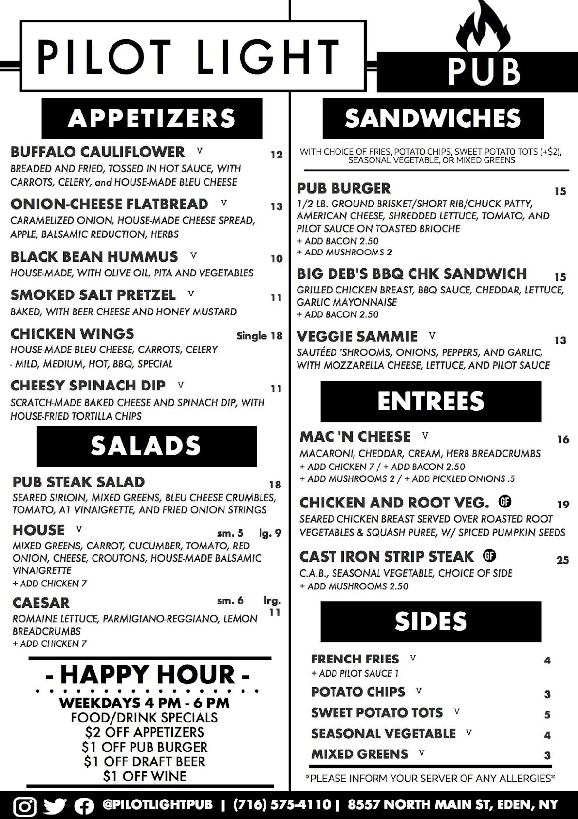 Menu at Pilot Light Pub, Eden