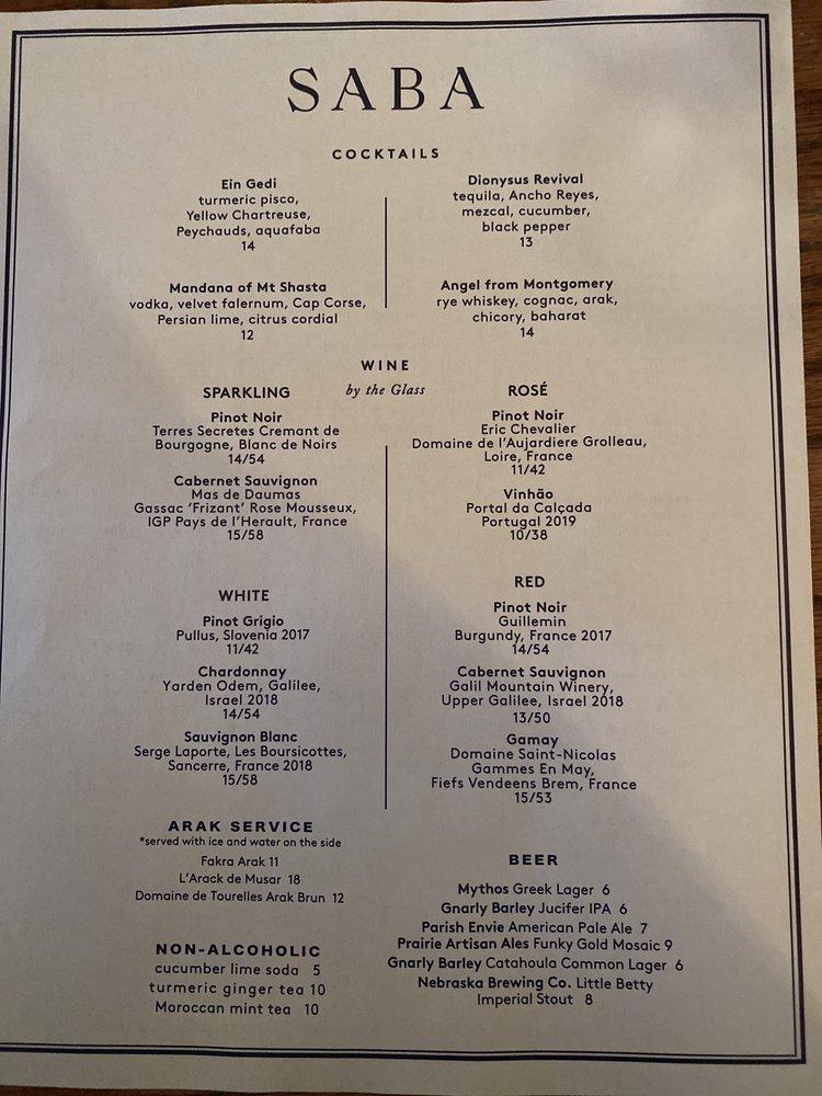Menu at Saba restaurant, New Orleans