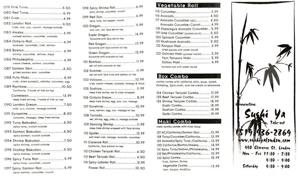 Menu at Sushi Ya restaurant, London