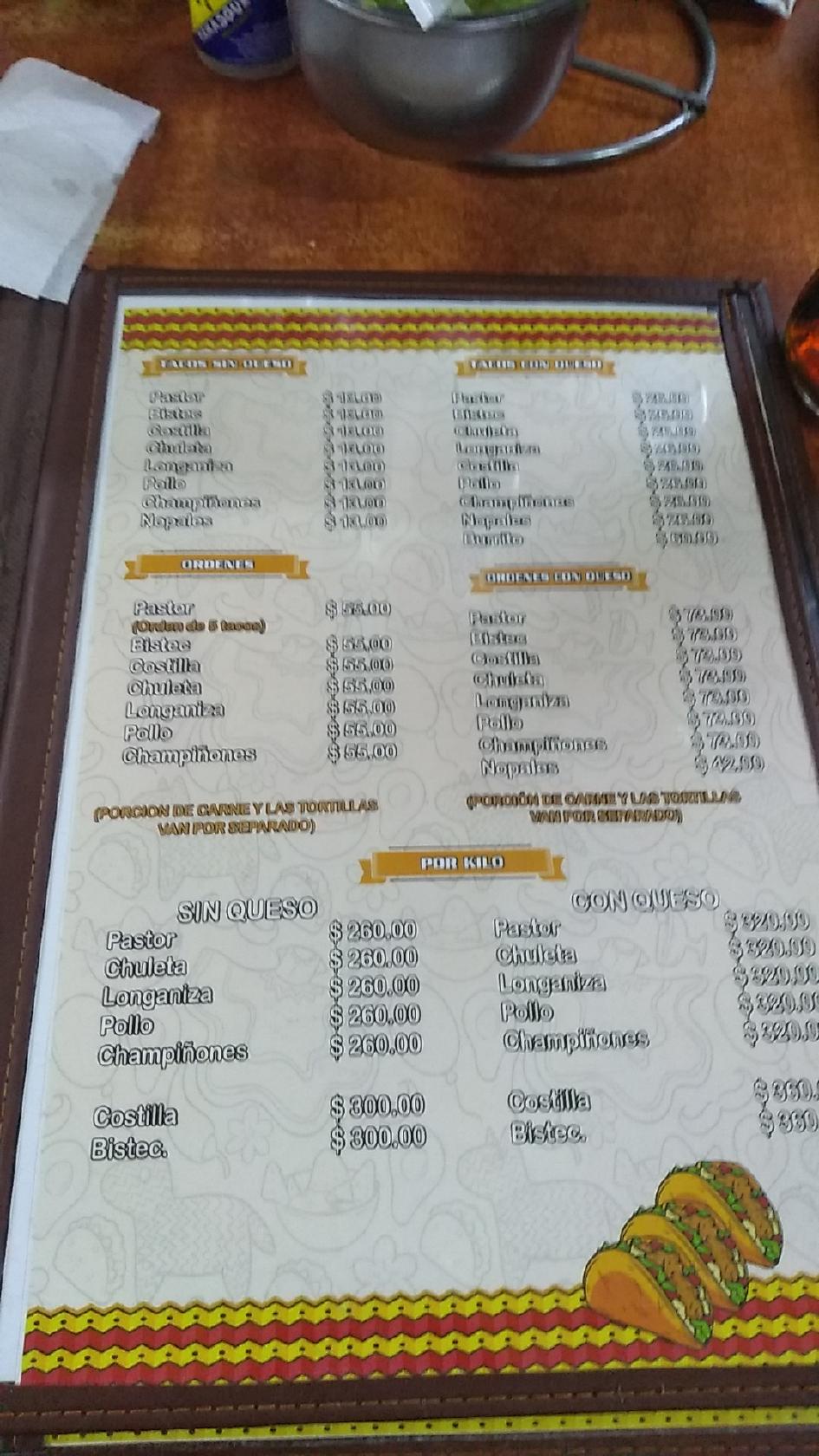 Menu at Taqueria El Rincon restaurant, San Miguel Zinacantepec