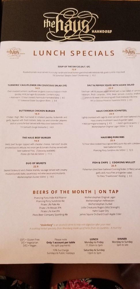 Menu at The Haus Restaurant, Hahndorf, 38A Main St
