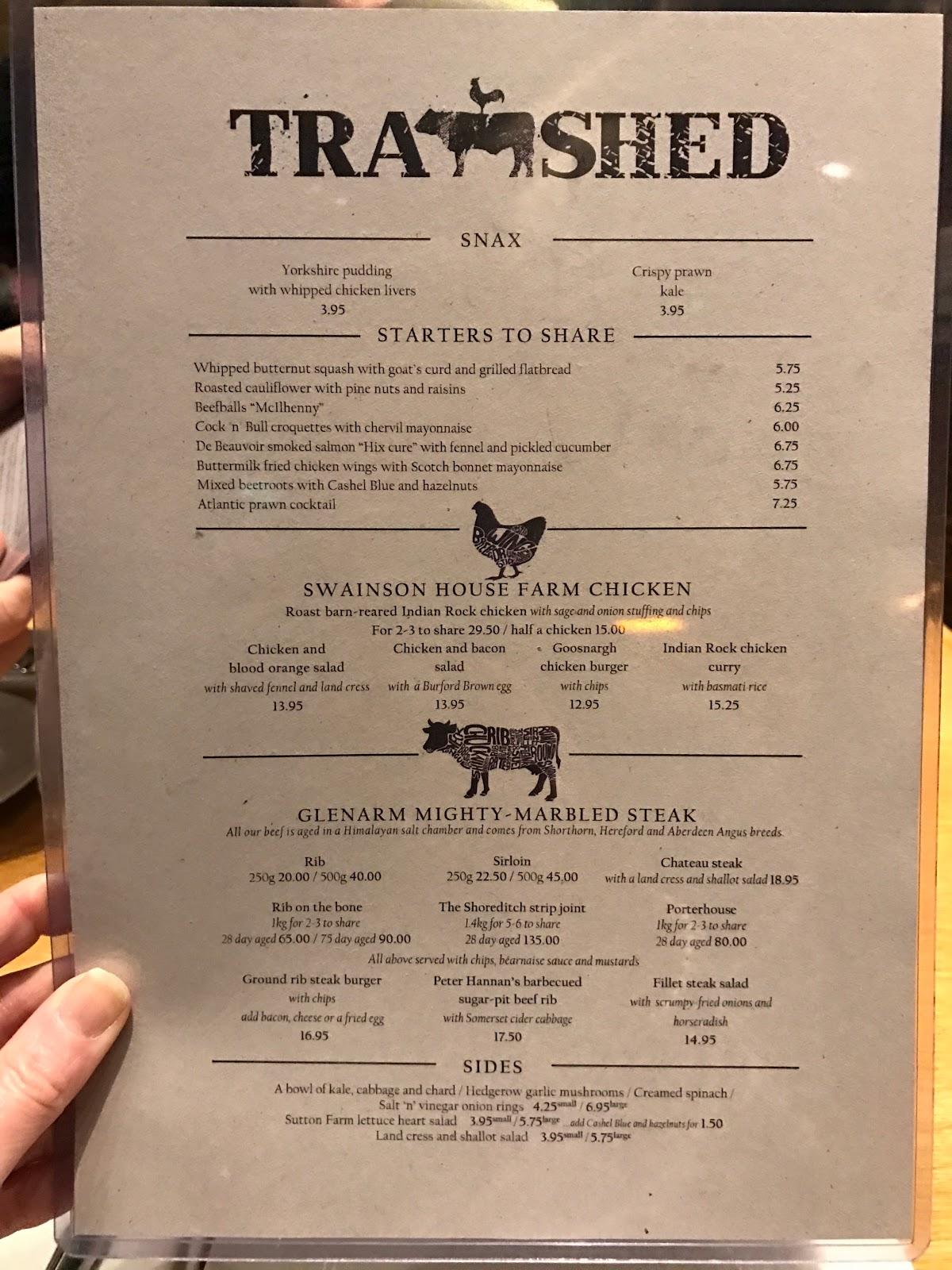 Menu at The Tramshed Project restaurant, London