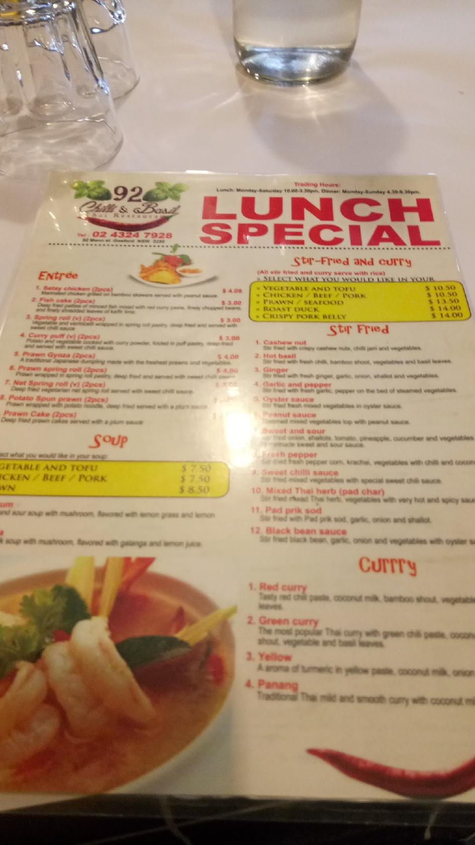 Menu at 92 Chilli Basil Thai Restaurant, Gosford
