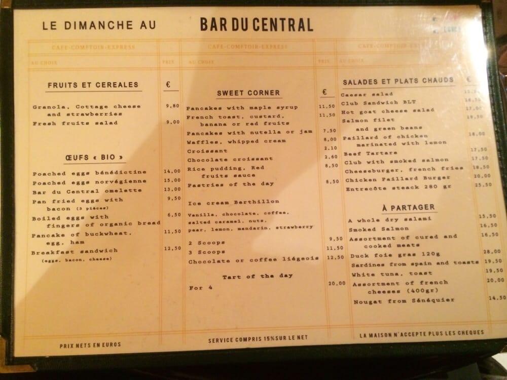 Menu at Bar du Central, Paris, 99 Rue Saint-Dominique