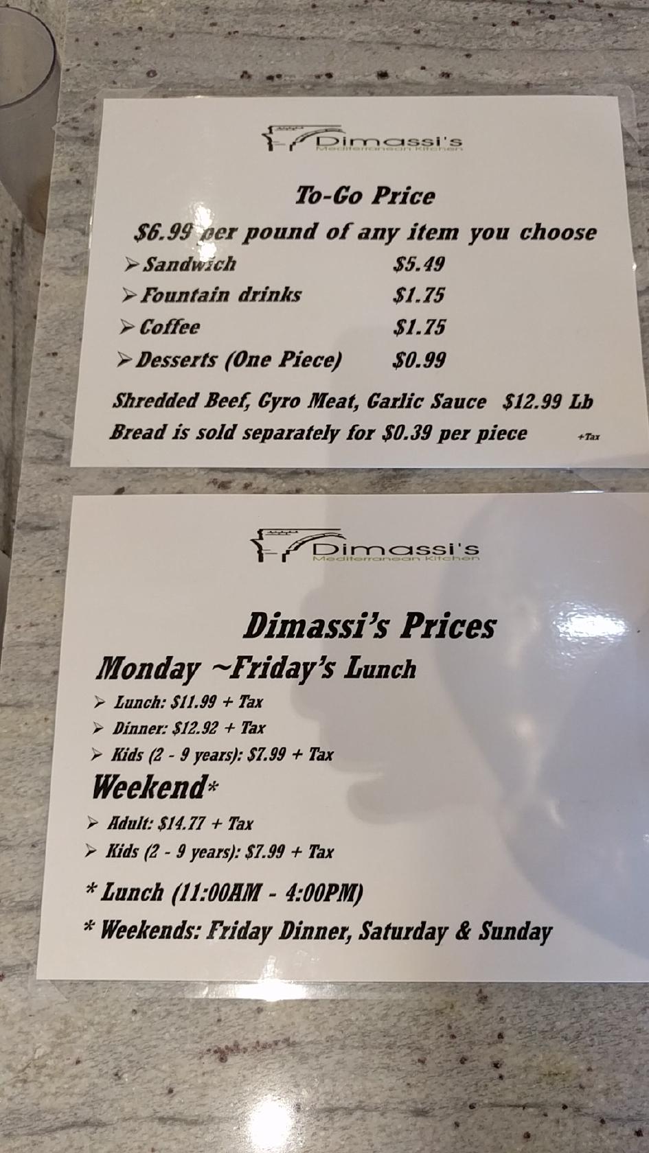 Menu at Dimassi’s Mediterranean Buffet restaurant, Plano