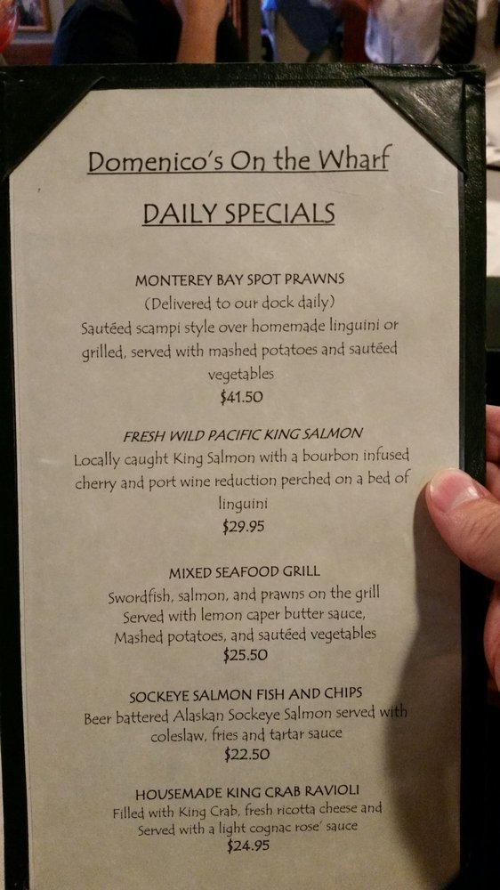 Menu at Domenico's on the Wharf restaurant, Monterey