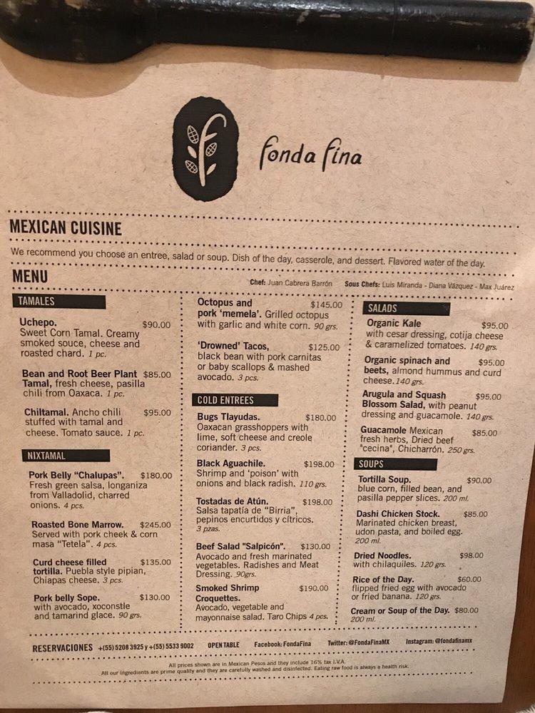 Menu at Fonda Fina restaurant, Ciudad López Mateos