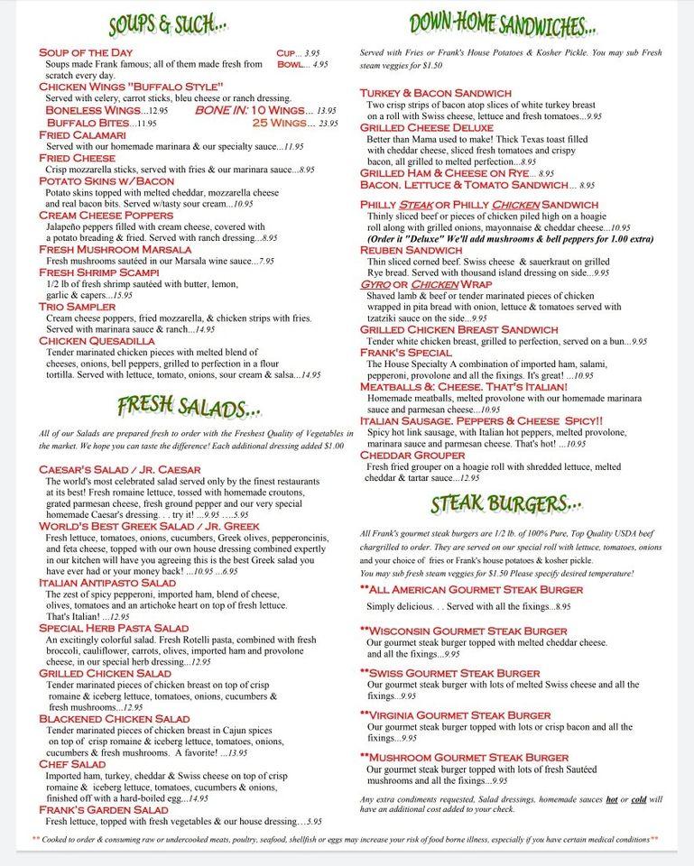 Menu at Frank's Family Restaurant, Palmetto