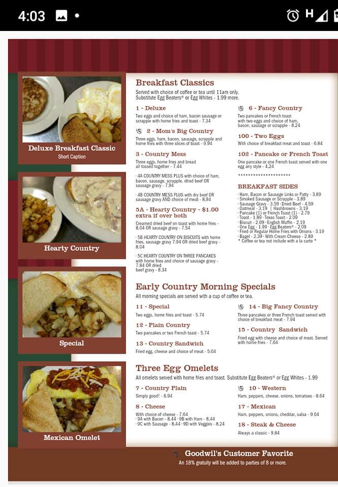 Menu at Good Wil's Restaurant, Milton