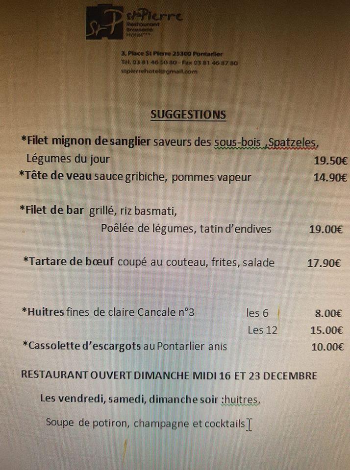 Menu at Hôtel Saint Pierre restaurant, Pontarlier