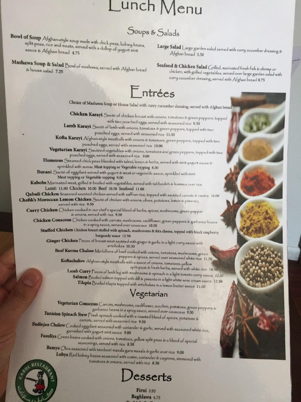 Menu at Kabul Afghanistan Restaurant, Madison