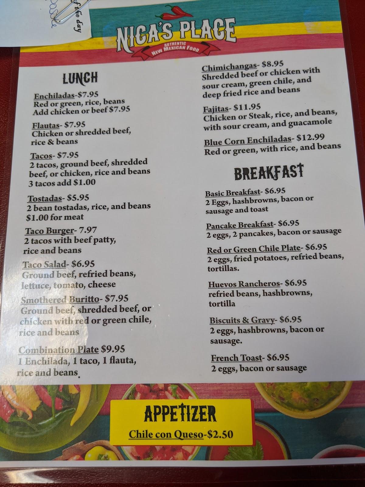 Menu at Nica's Place restaurant, Las Cruces