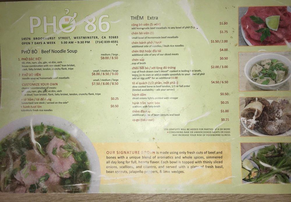Menu at Phở 86 Restaurant, Westminster, Brookhurst St