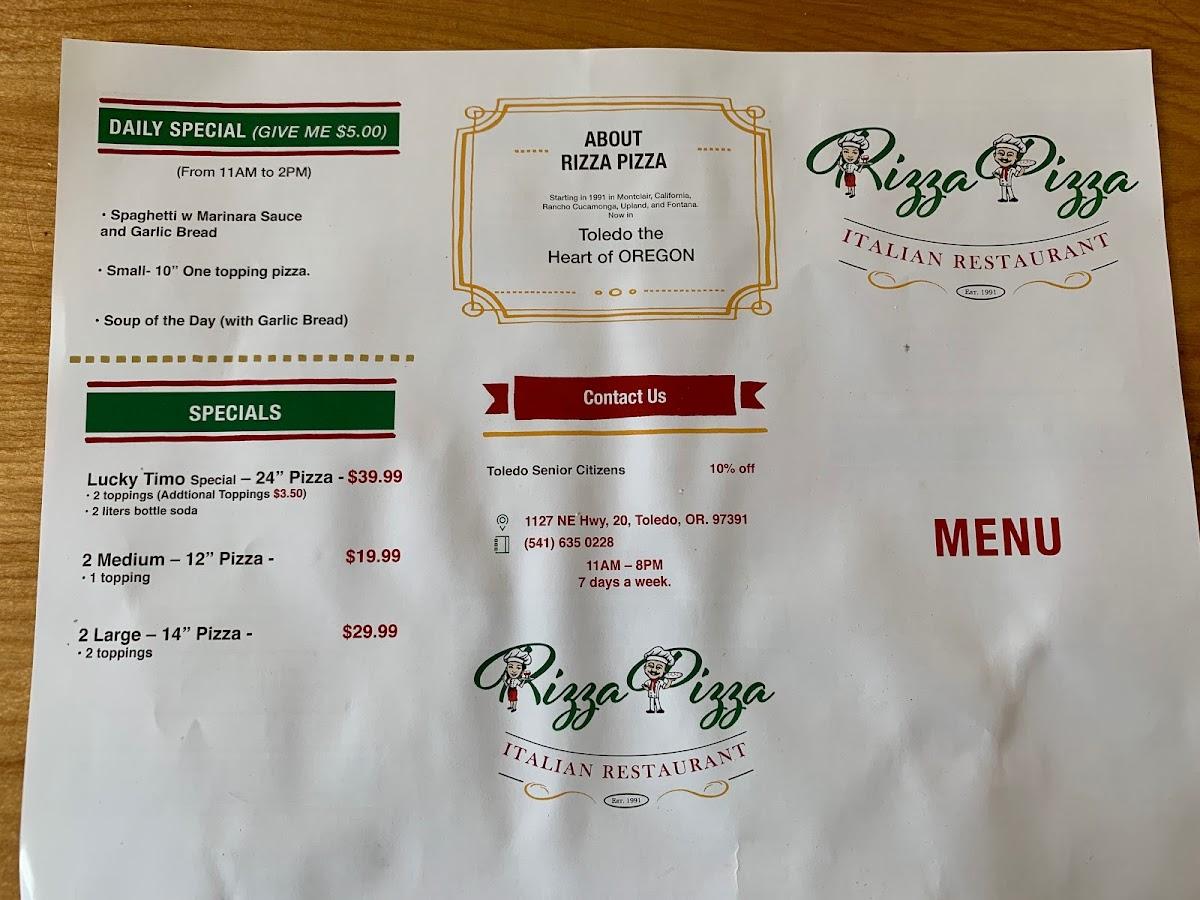 Menu at Rizza Pizza pizzeria, Toledo