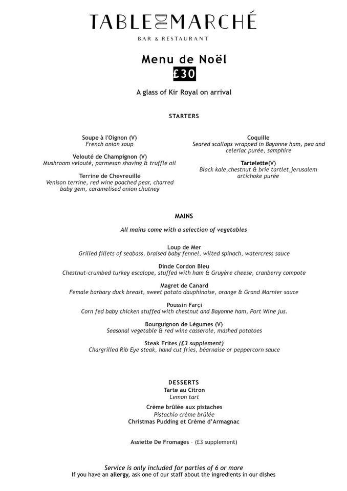 Menu at Table Du Marche restaurant, London