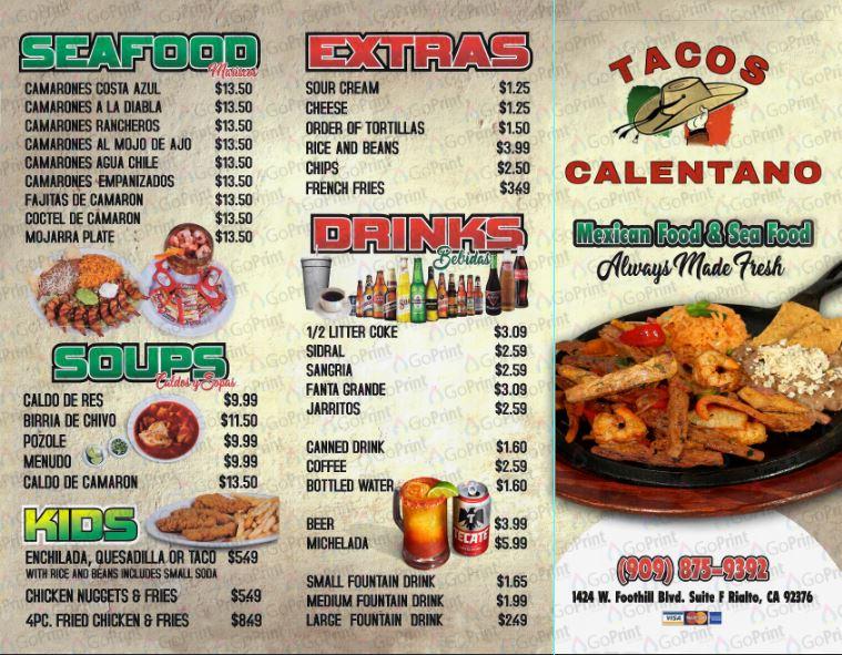 Menu at Tacos Calentano restaurant, Rialto