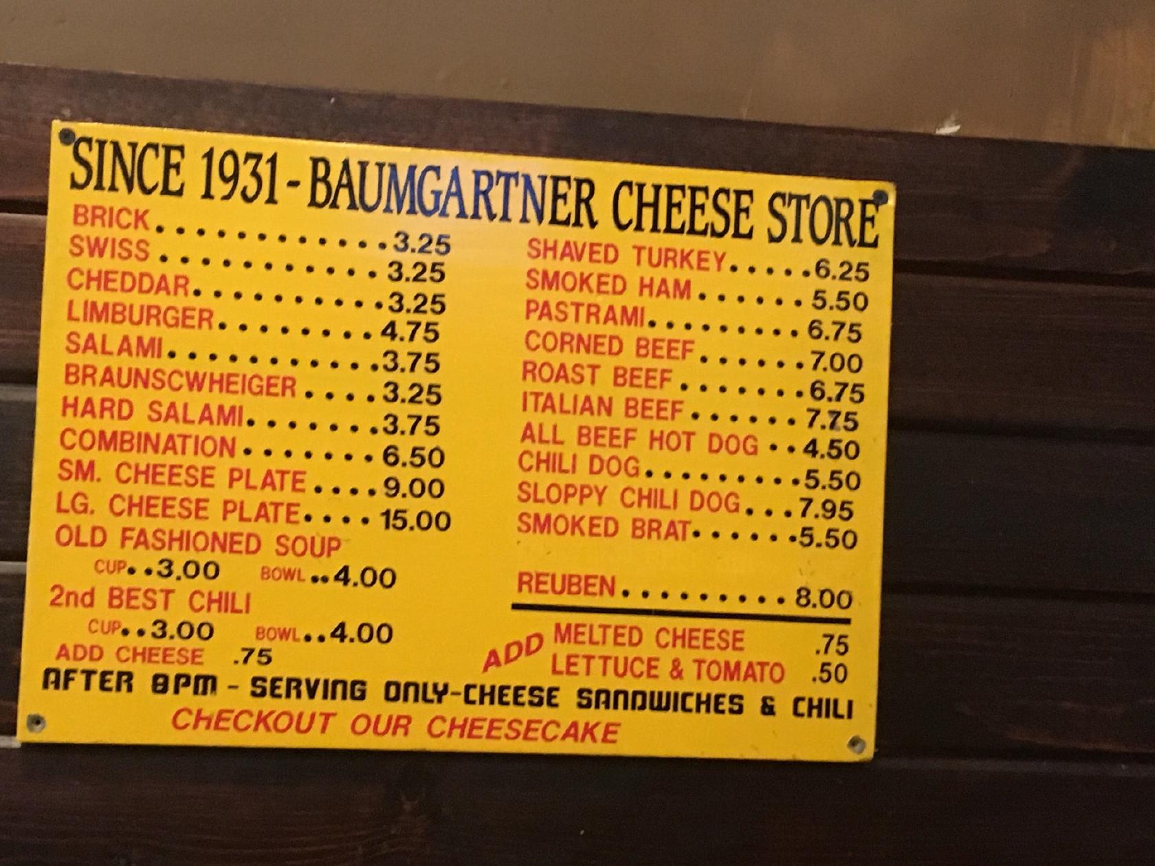 Menu at Baumgartner's Cheese Store & Tavern pub & bar, Monroe