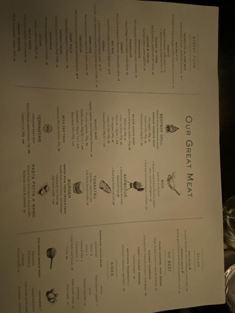 Menu at Beefbar, Paris, 5 Rue Marbeuf