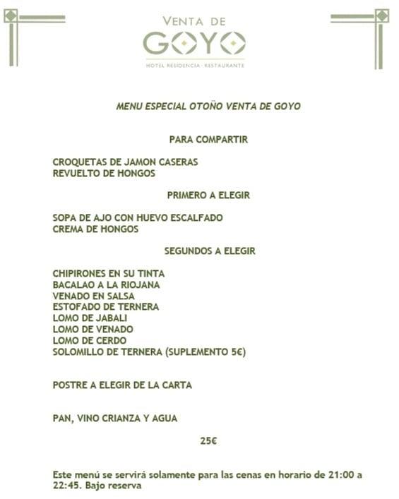 Menu at Hotel La Venta de Goyo restaurant, Viniegra de Abajo