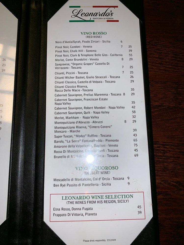 Menu at Leonardo's Trattoria & Pizzeria, Mandeville