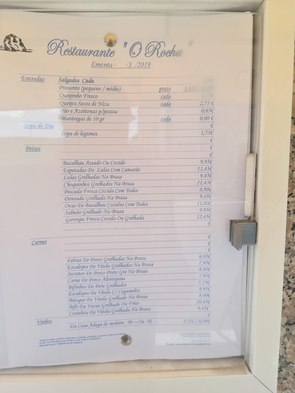 Menu at O Rocha restaurant, Pêro Pinheiro, Av. da Aviação Portuguesa 62