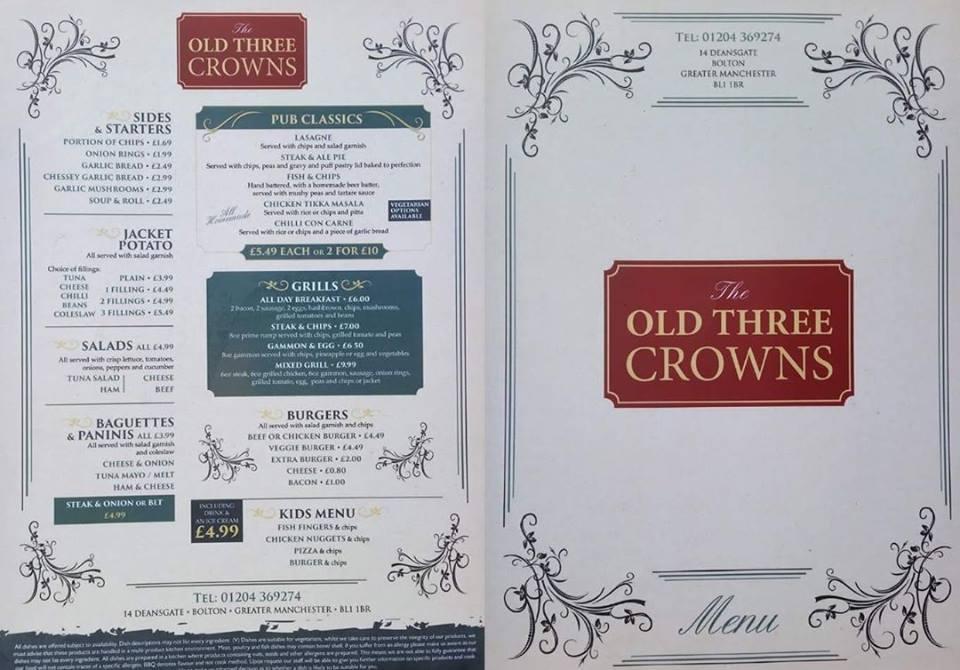 Menu at Old Three Crowns pub & bar, Bolton