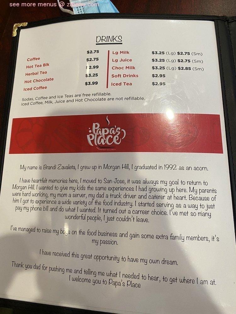 Menu at PAPA'S PLACE restaurant, Morgan Hill
