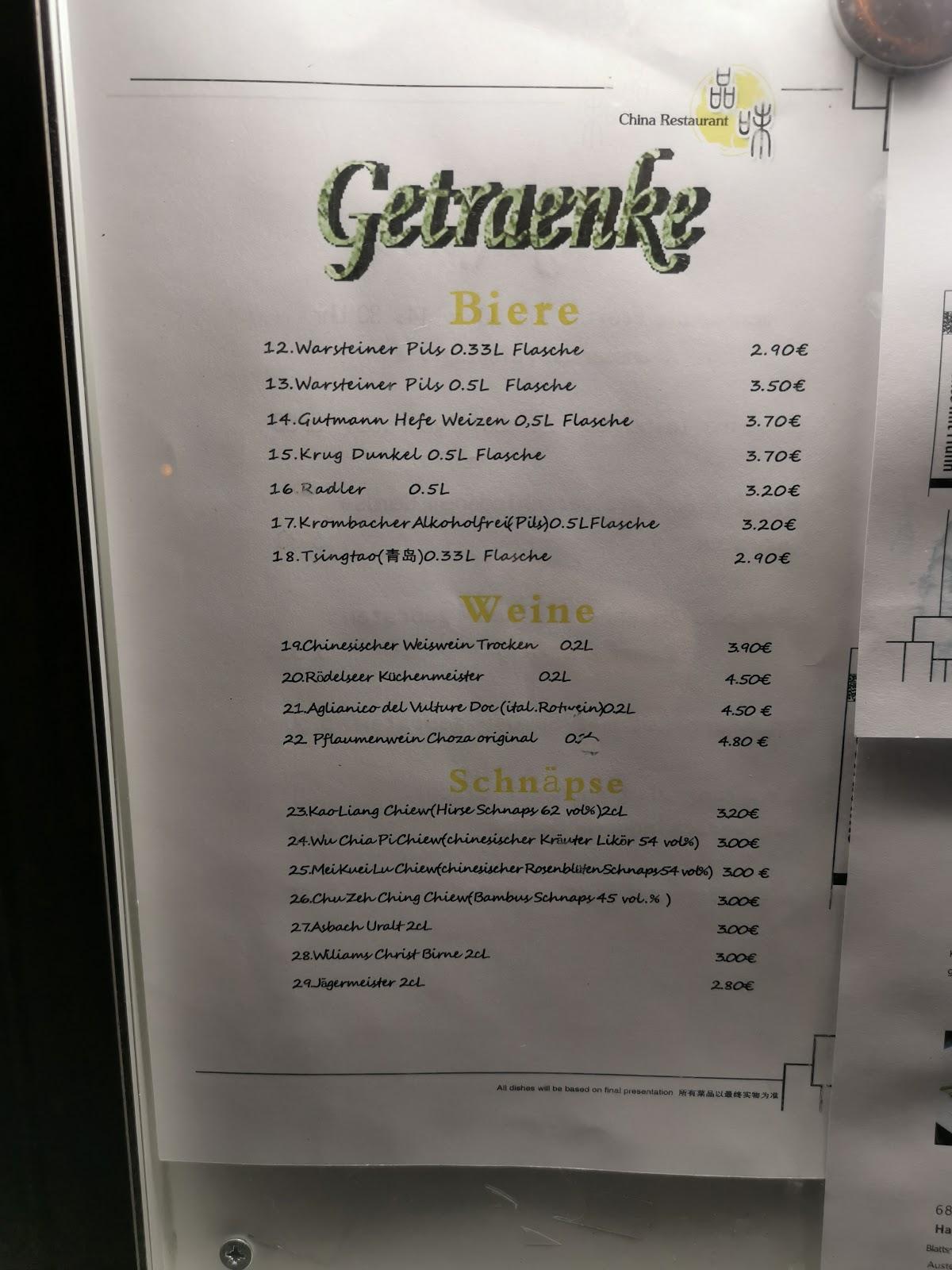 Speisekarte von Pin Wei China-Restaurant, Nürnberg