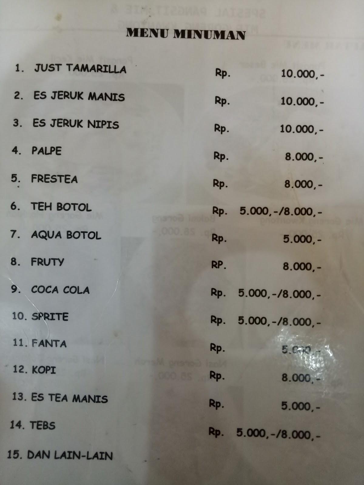 Menu at RM Pangsit Babi Lian restaurant, Indonesia