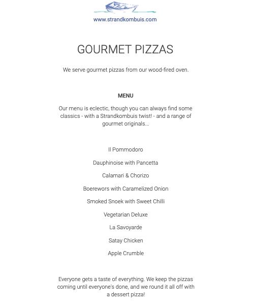Menu at Strandkombuis restaurant, Yzerfontein