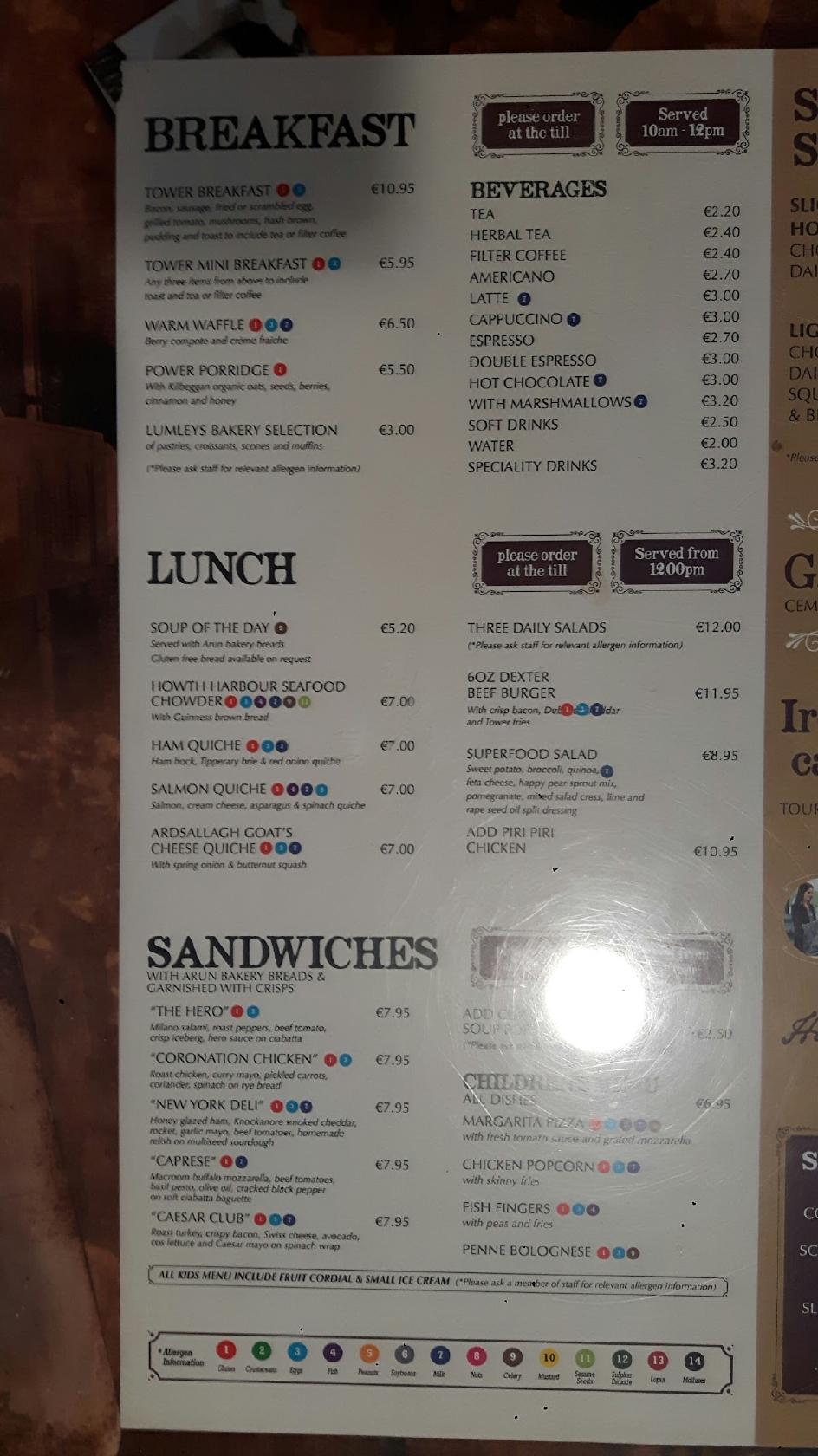 Menu at The Tower Cafe, Dublin, Glasnevin Cemetery