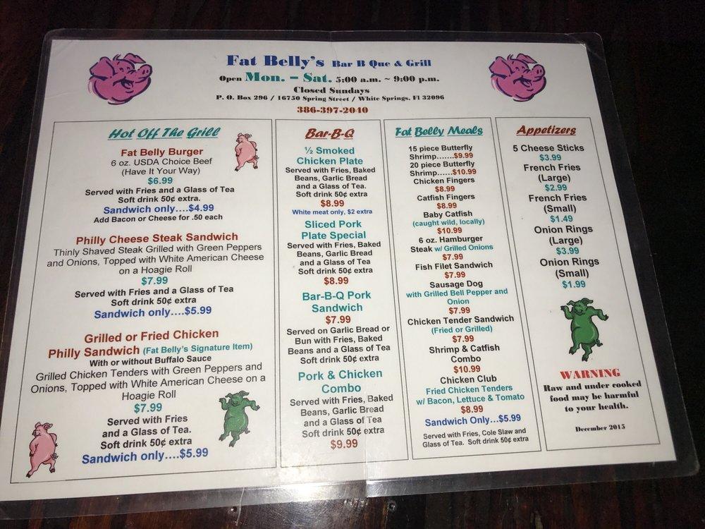 Menu at Fat Belly's BBQ, White Springs