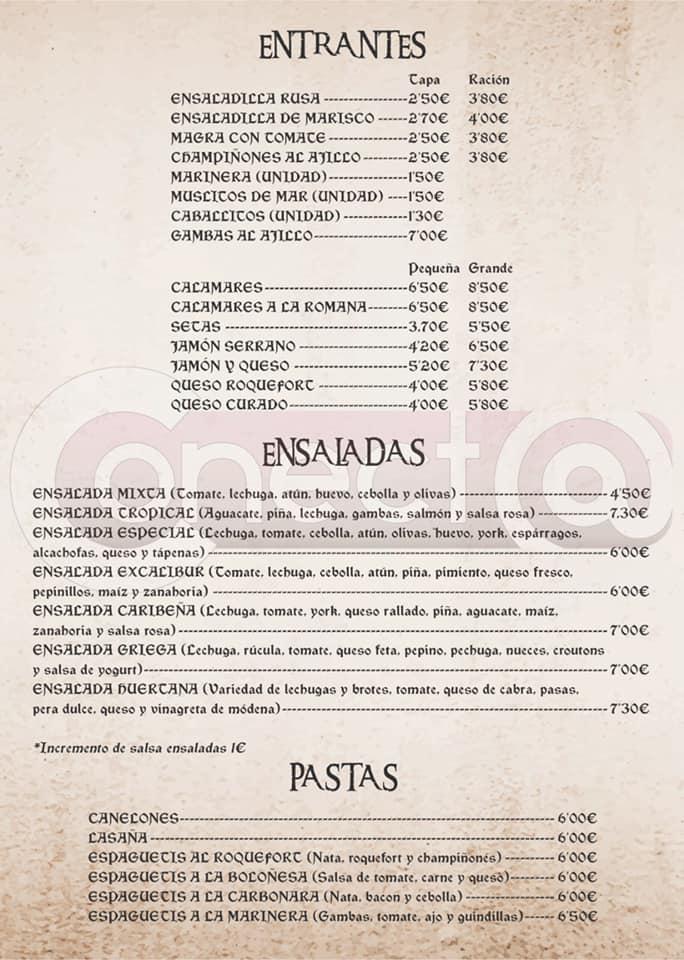 Menu at Pizzería Excalibur, Alhama de Murcia