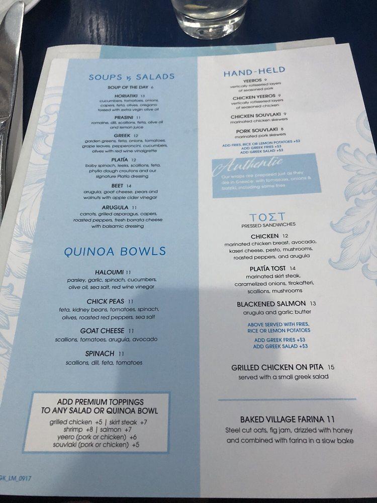 Menu at Platía Greek Kitchen restaurant, Syosset