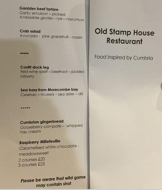 Menu at The Old Stamp House Restaurant, Ambleside