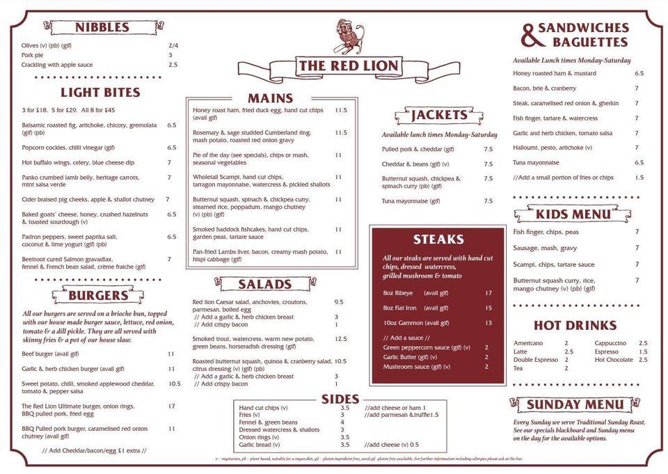 Menu at Red Lion (Hotel) pub & bar, Cambridge, 27 High St