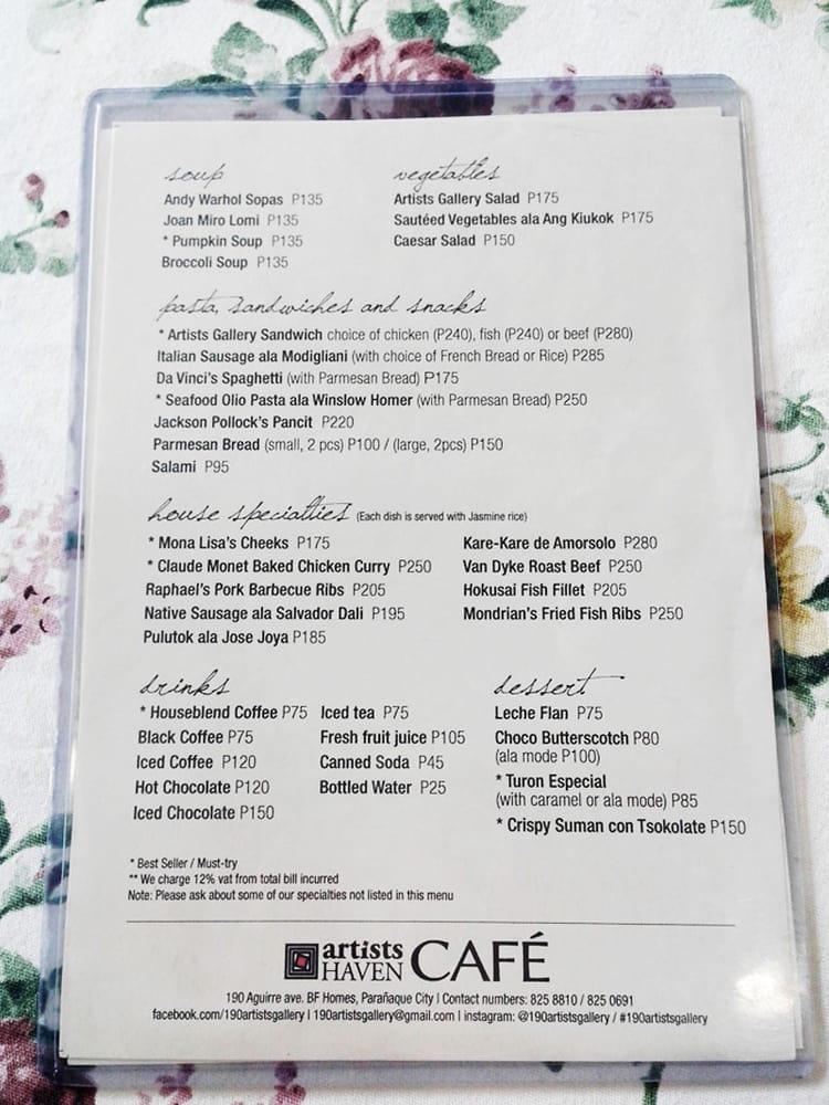 Menu at Artists Haven Cafe, Parañaque