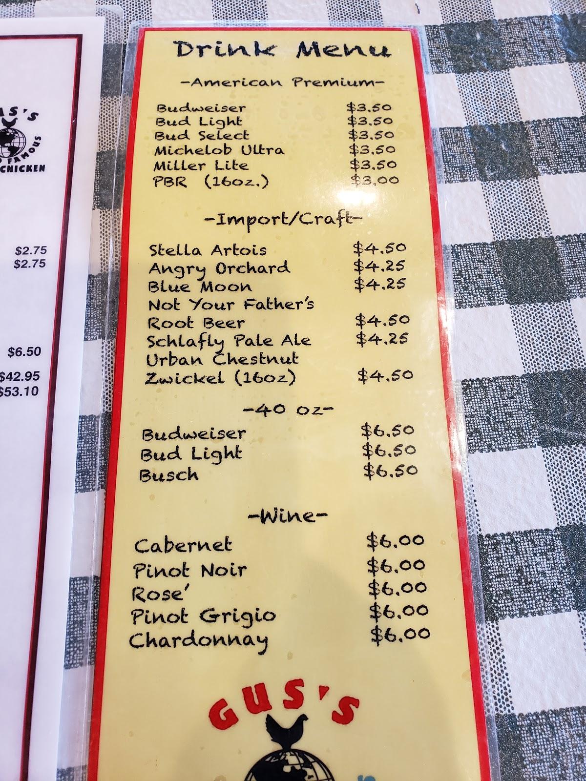Menu at Gus’s World Famous Fried Chicken restaurant, Maplewood
