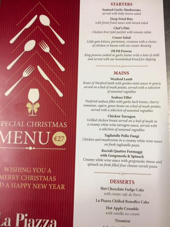 Menu at La Piazza restaurant, Gorey